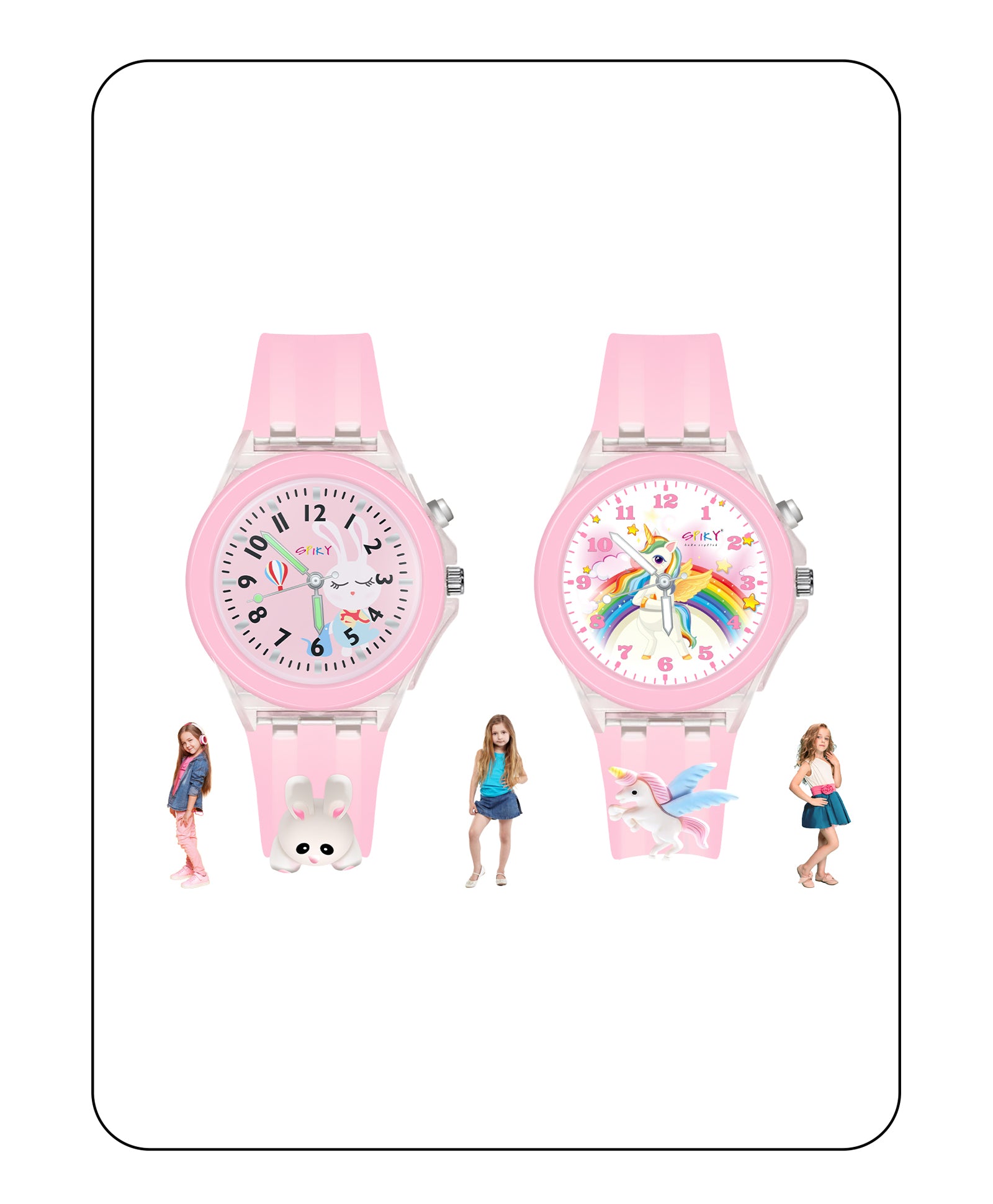Spiky 3D Rabbit & Unicorn Cartoon Analog Light Watch Combo - Pink ...