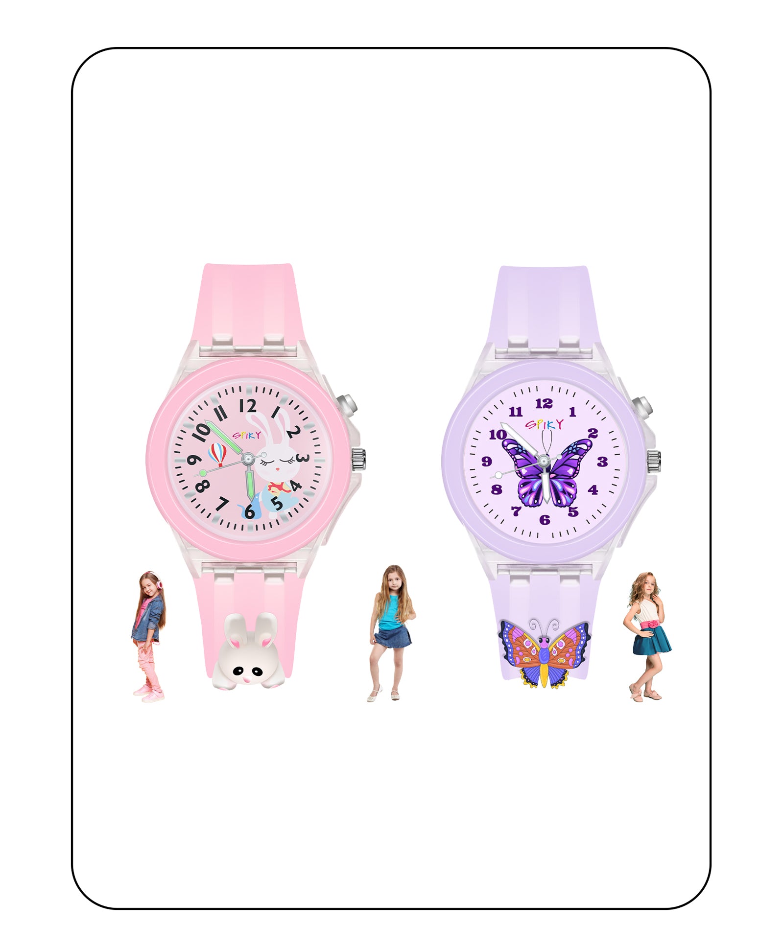 Spiky 3D Rabbit & Butterfly Cartoon Analog Light Watch Combo - Pink ...