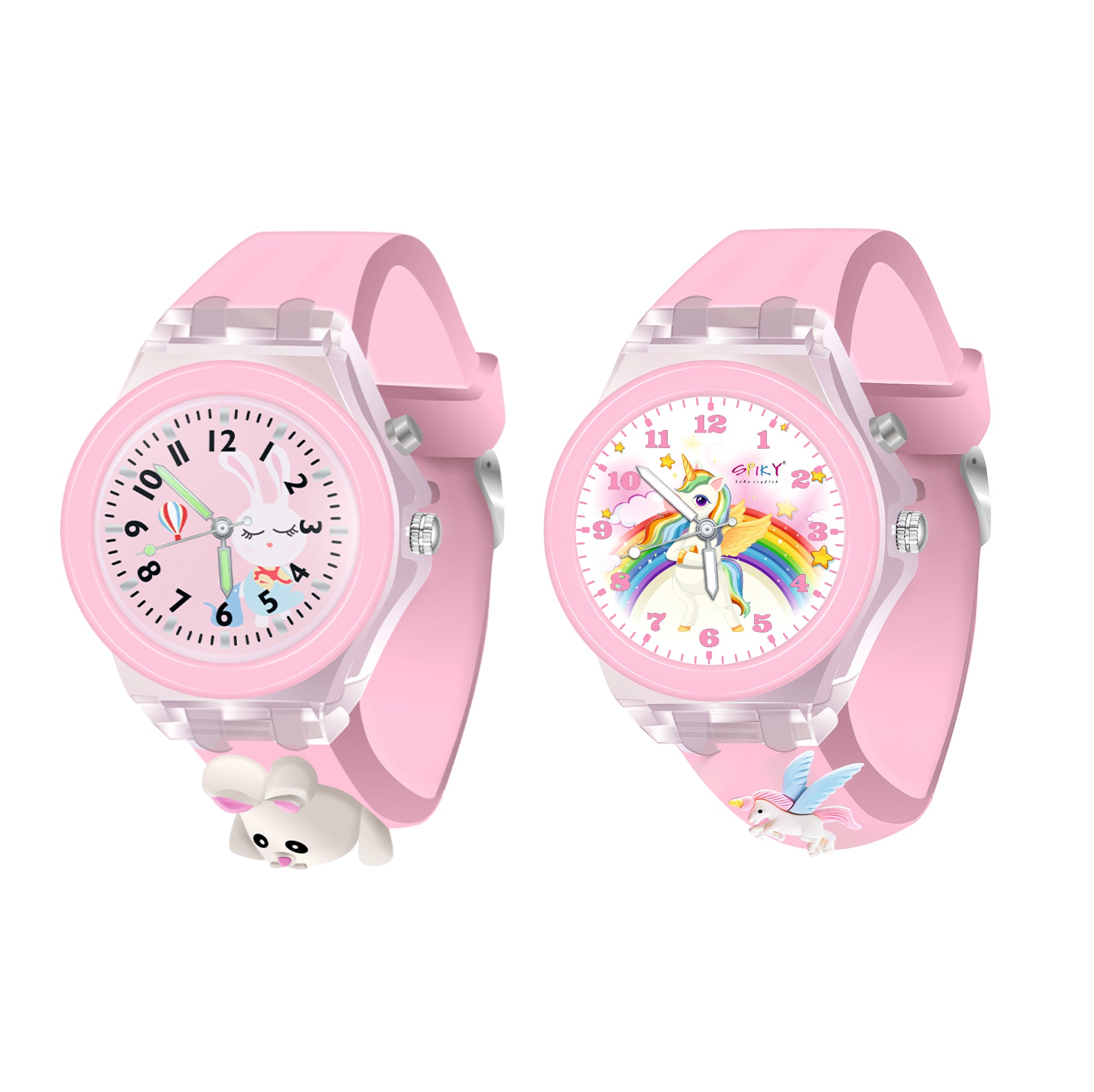 Spiky 3D Rabbit & Unicorn Cartoon Analog Light Watch Combo - Pink ...