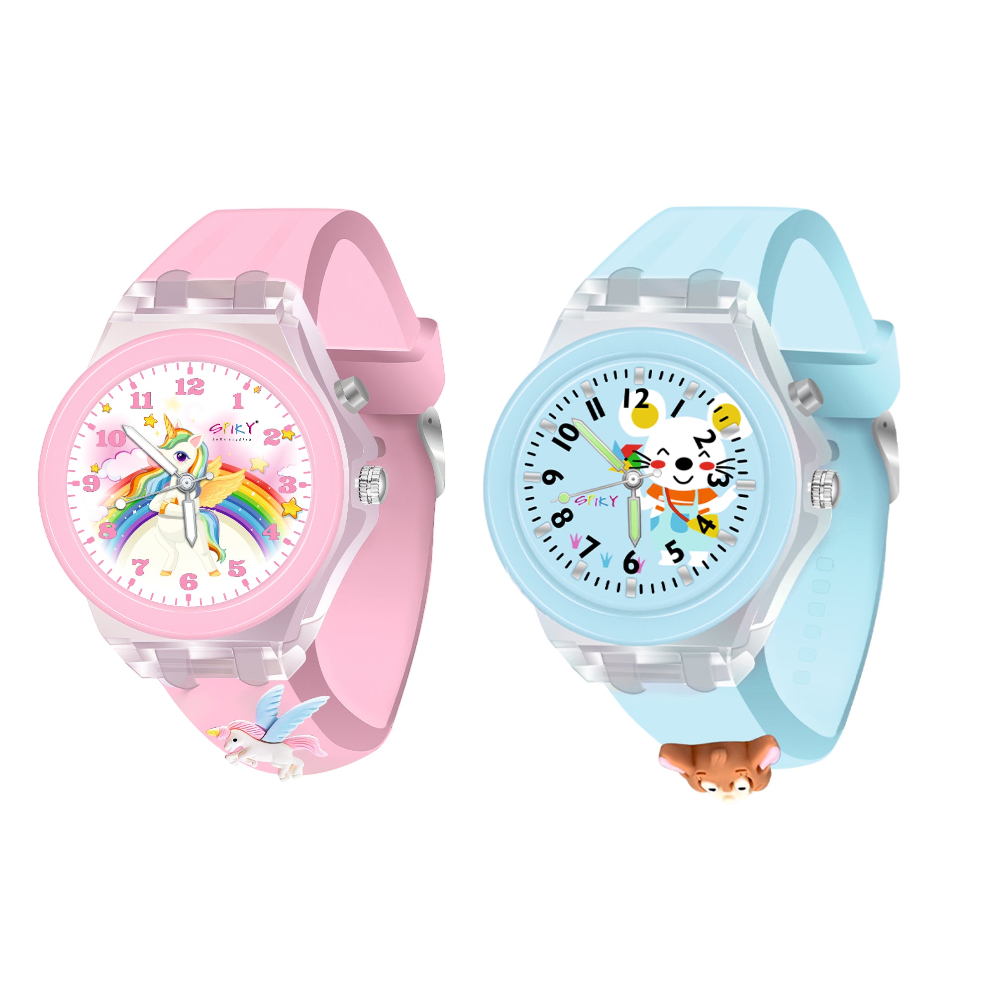 Spiky 3D Unicorn & Monkey Cartoon Analog Light Watch Combo - Pink & Bl ...